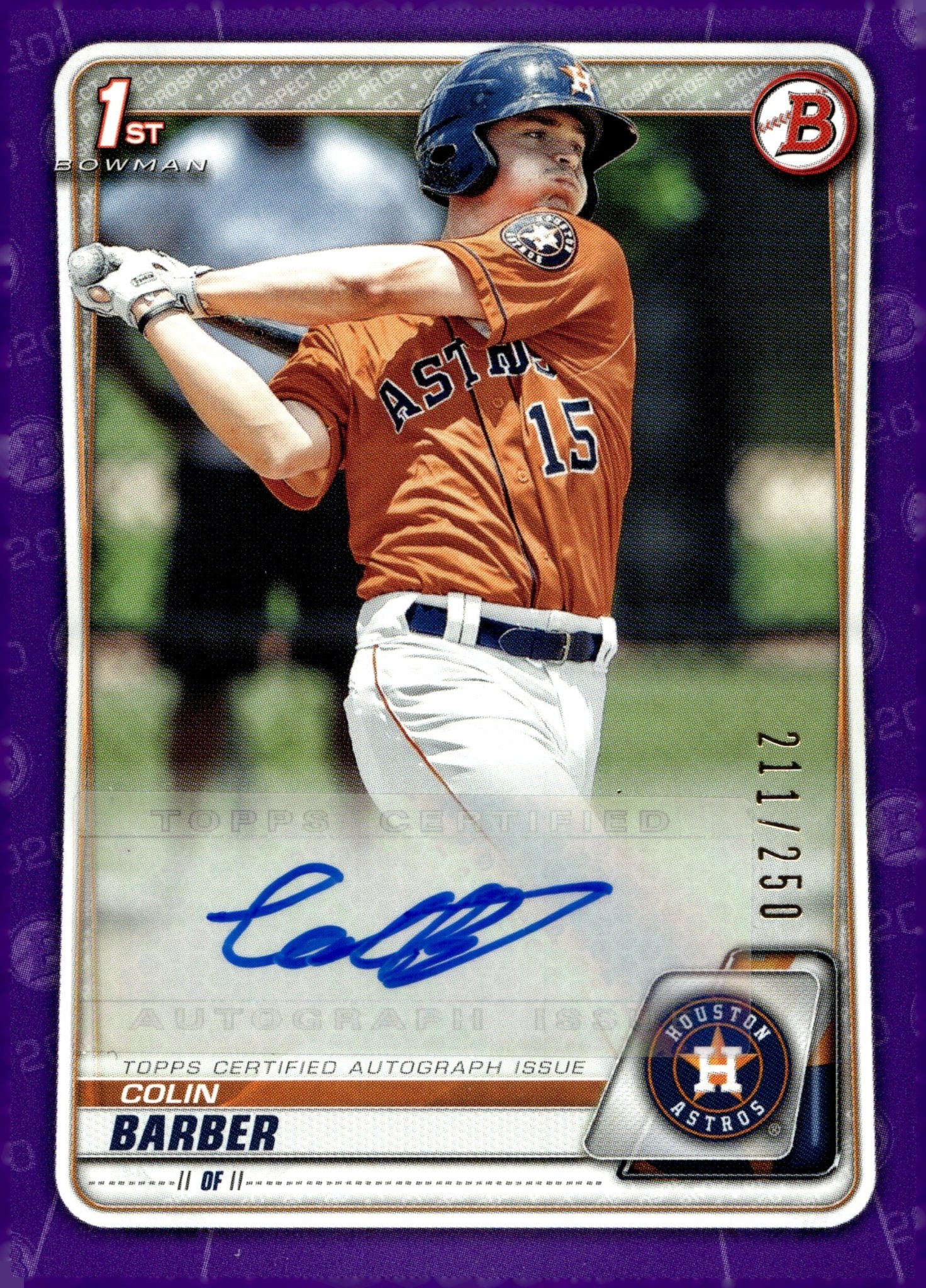 Colin Barber 2020 Bowman Prospect Purple Auto 211/250 #PA-CB ...